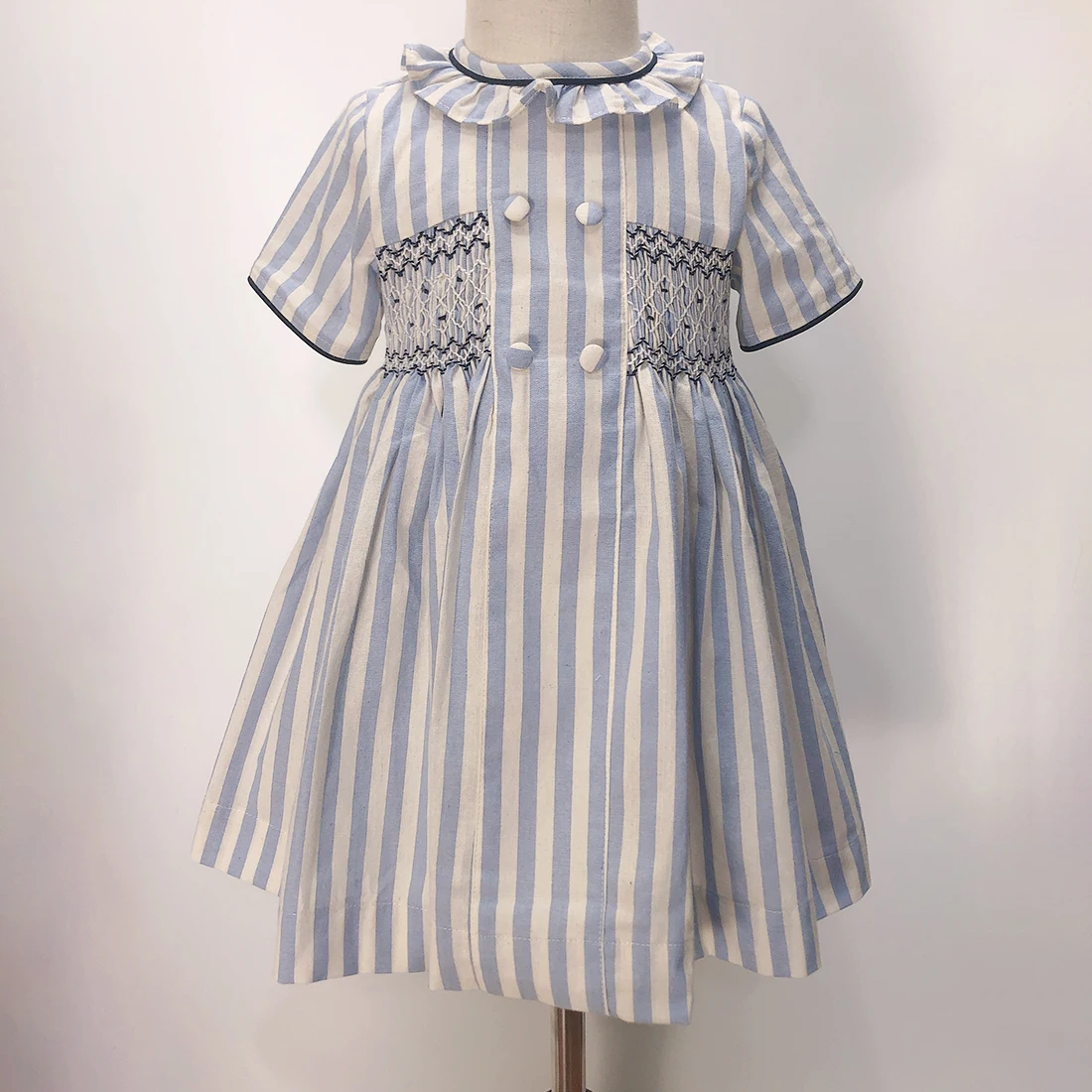 Summer Girls Smocking Dress Short Sleeve Cotton Navy Princess Kids ...