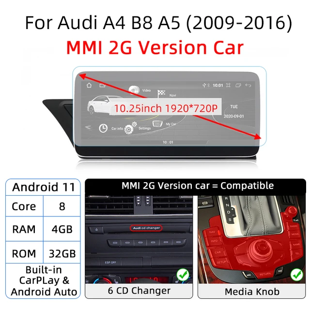 Android 12 CarPlay For Audi A4 B8 A5 2008 2009 2010 MMI 2G High CD Changer Car Stereo Player ...
