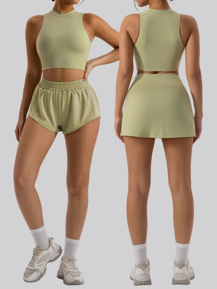 2PCS-Yoga-Set-Sports-Hip-Short-Skirt-Women-Tracksuit-Gym-Tennis-Skirt ...