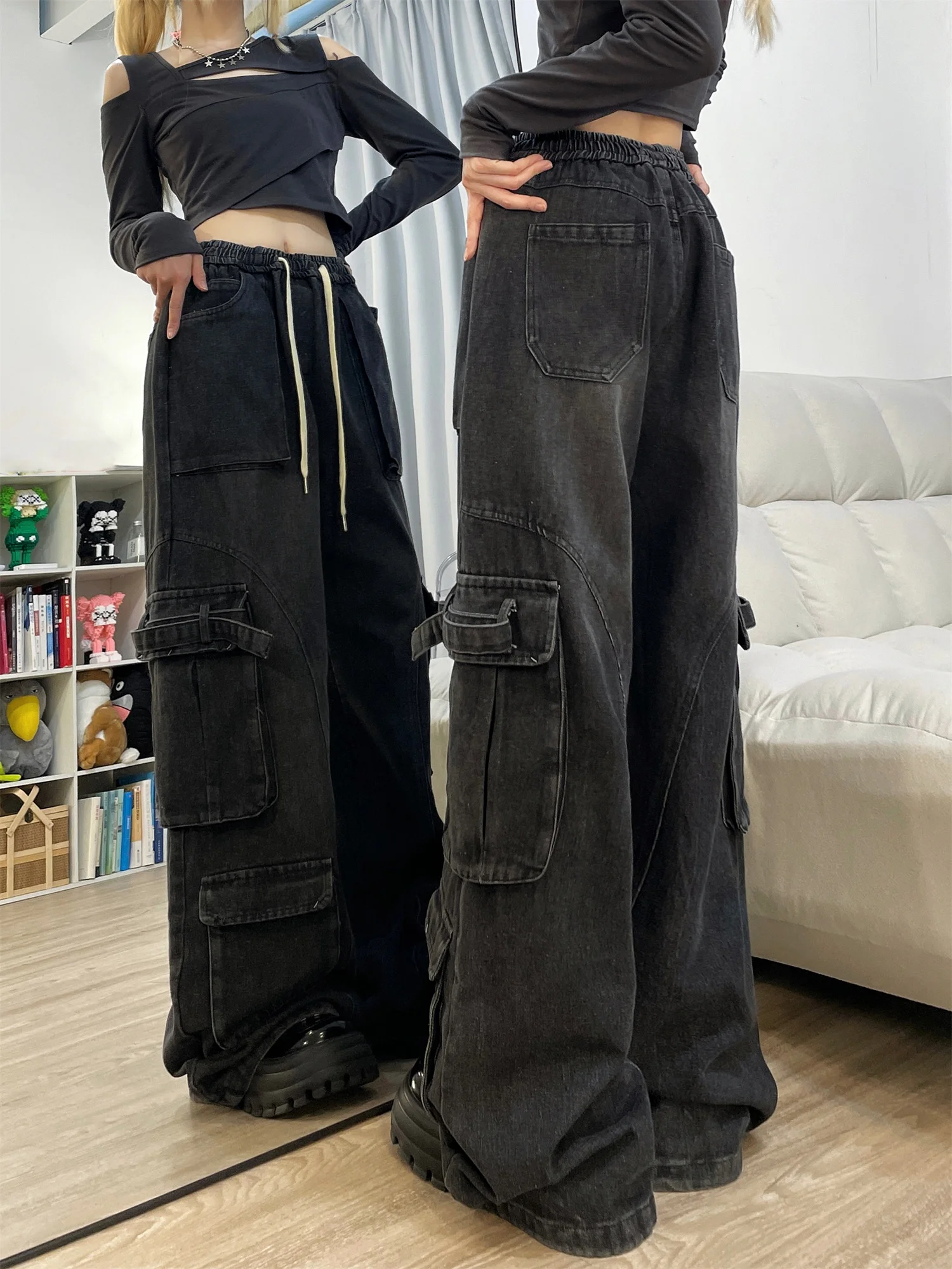 Lunivop Women's Blue Cargo Jeans Baggy Harajuku Y2k 90s Aesthetic Over ...