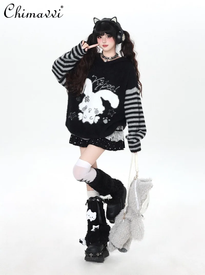 Japanese Style Cute Bunny Striped Hooded Design Sweater Autumn Winter ...