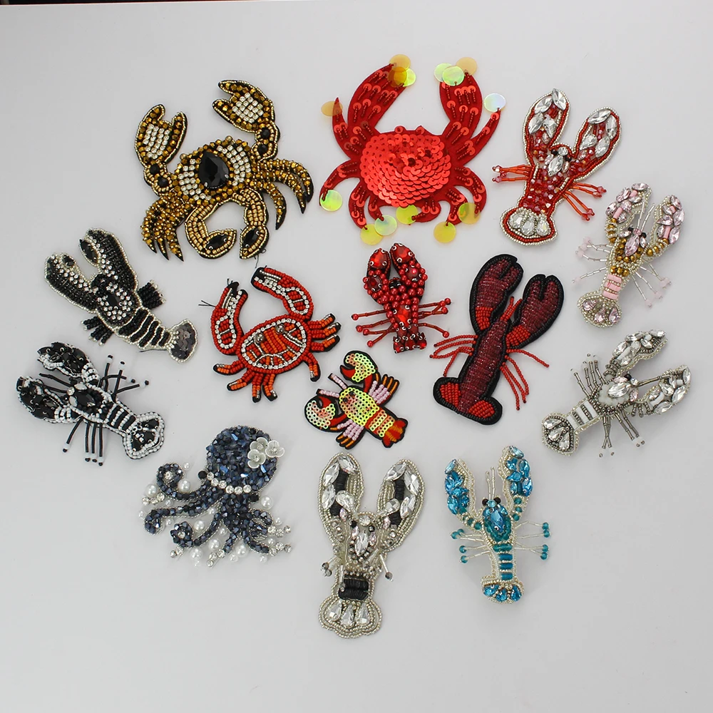 Beaded-Rhinestones-Lobster-Crab-Patches-Embroidery-Sequin-Fabric ...