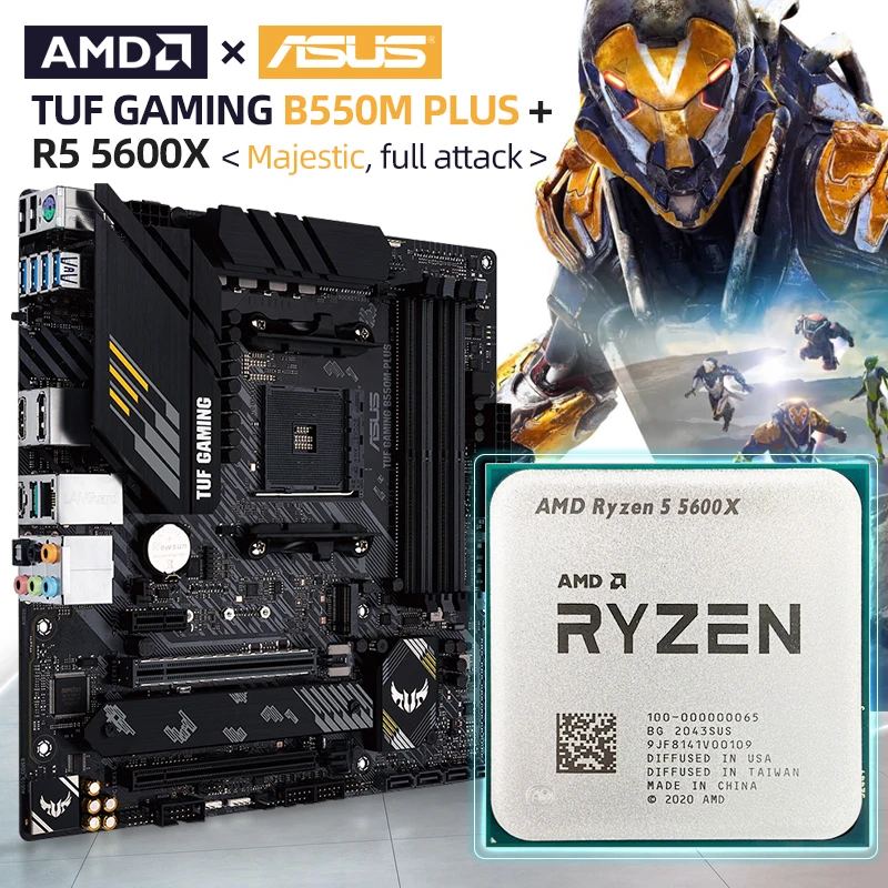AMD 마더보드 세트, 새로운 Ryzen 5 5600X, R5 5600X CPU + ASUS TUF 게임 B550M PLUS ATX 마이크로 ATX DDR4 AM4 프로세서 ...