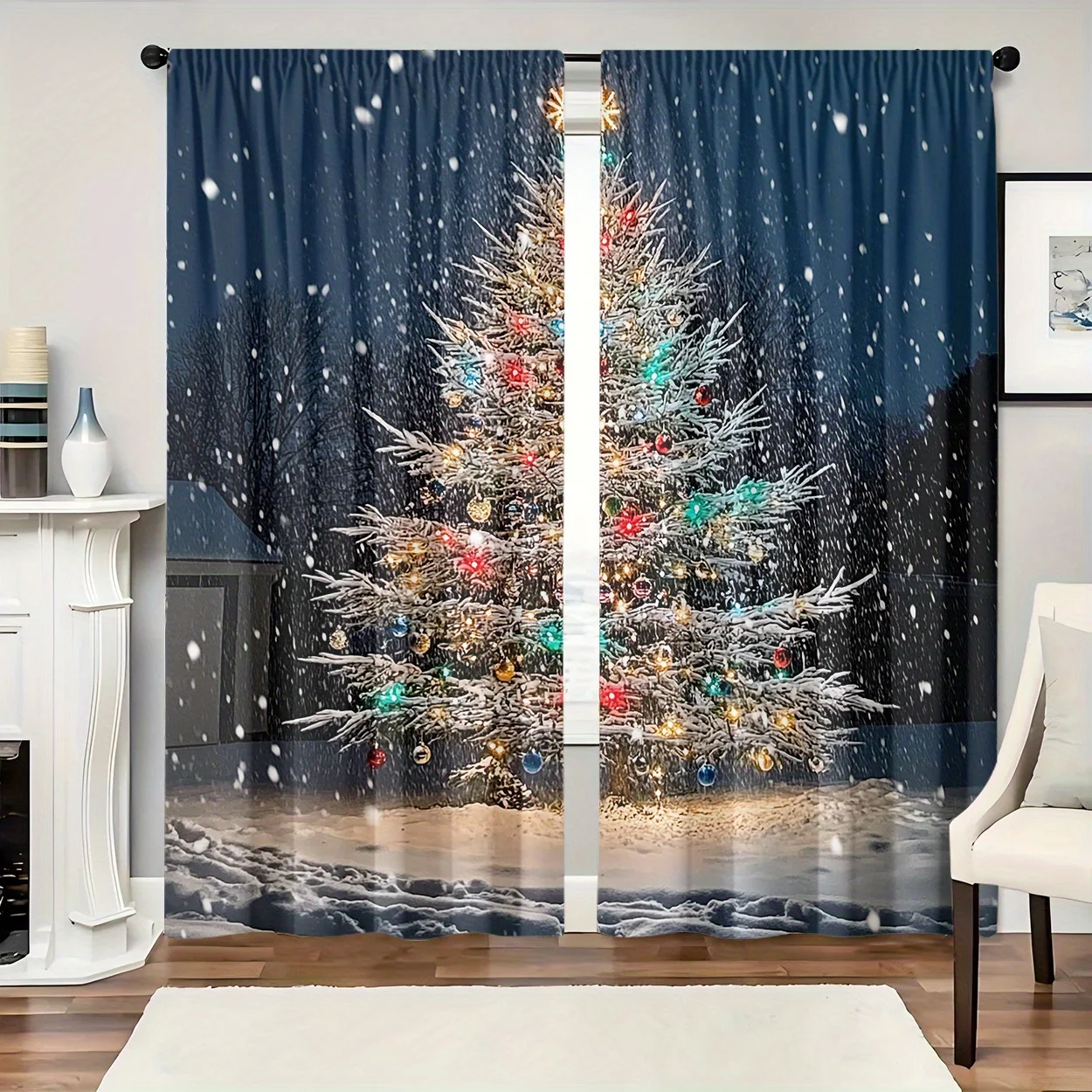 2pcs Set Christmas Tree Curtains with Lights - Elegant Window Drapes ...