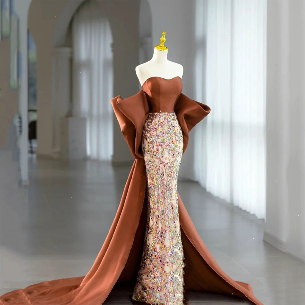 Caramel-Celebrity-Dresses-Woman-Detachable-Sleeve-Mermaid-Sequins-Bow ...