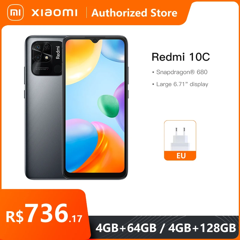 Versão Global Xiaomi Redmi 10c 4gb 64gb/4gb 128gb Smartphone Snapdragon 680 Octa Núcleo 6.71 ...