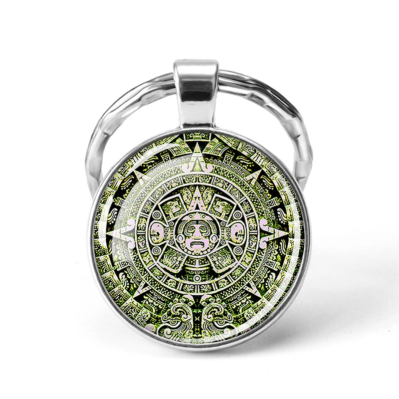 Aztec-Calendar-Keychain-Ancient-Mexico-Art-Glass-Cabochon-Pendant-Mayan ...