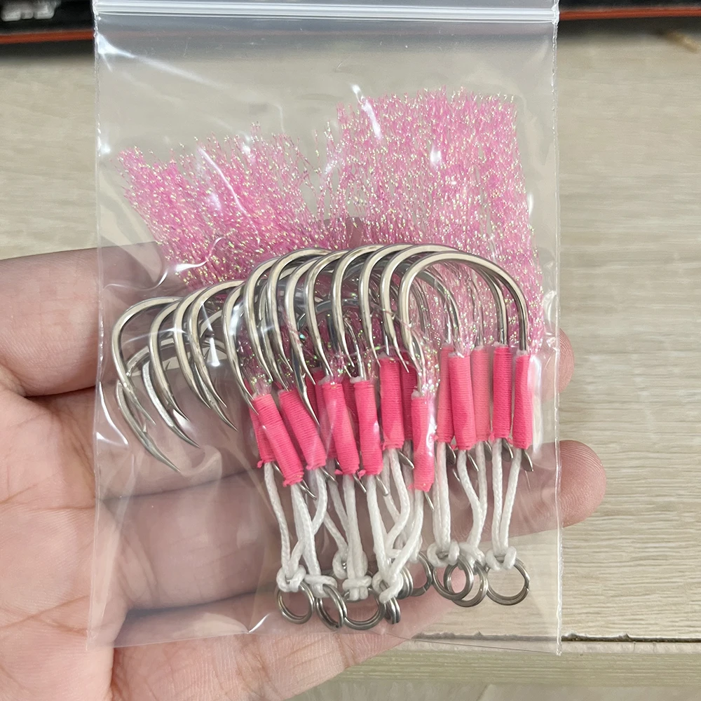 Pink Feather Jig Assist Hooks - 10 Pairs - Easy Fishing Tackle