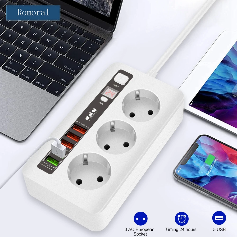 2500W-Power-Strip-Timer-Surge-Protector-with-3-Outlets-and-5USB-Fast ...
