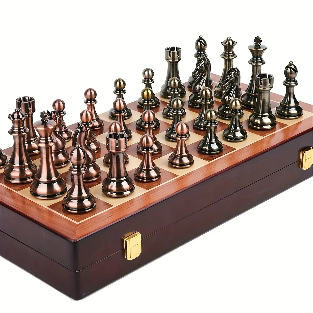 39CM-Large-Metal-Chess-Set-2-Extra-Queen-Folding-Wooden-Chess-Board ...