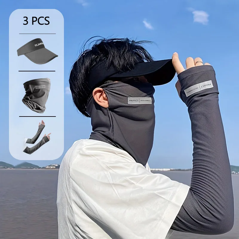 3Pcs-Summer-Sunscreen-Mask-Cover-Arm-Sleeves-and-Hat-Set-Cooling-Ice ...