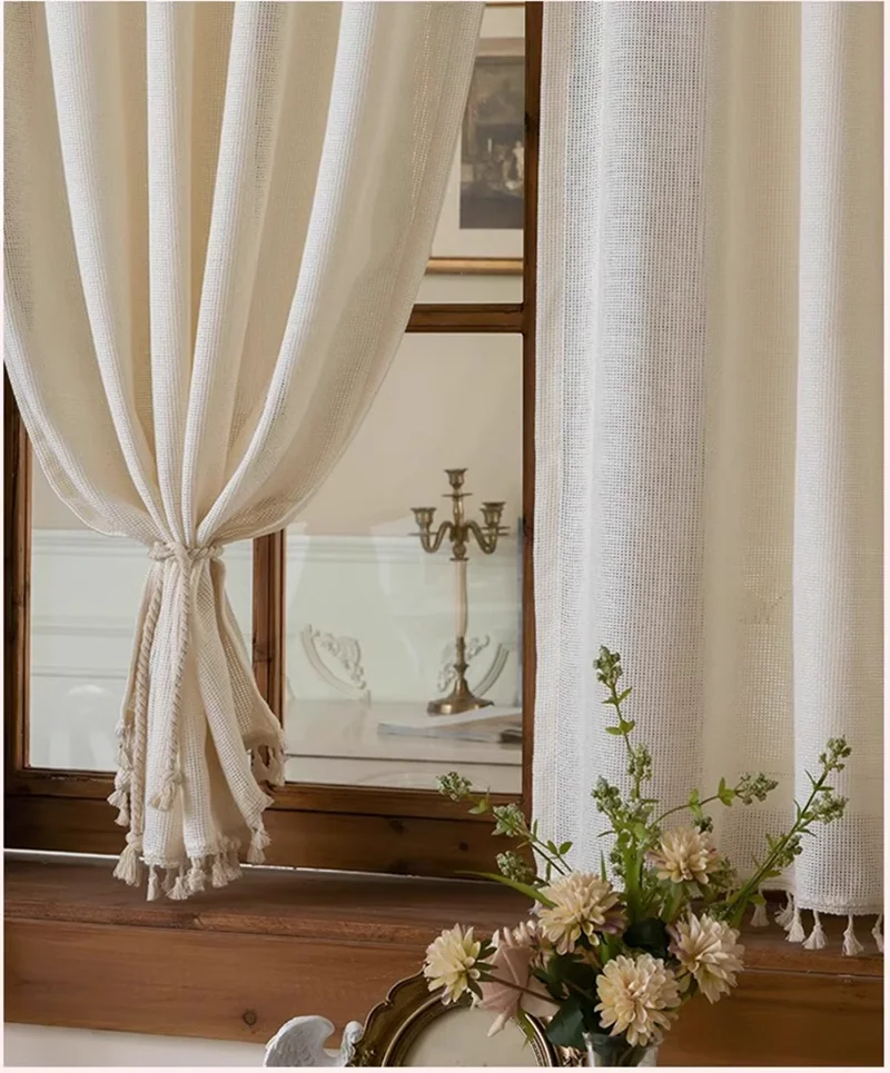 French half-curtains window short curtain tulle tassel texture ...