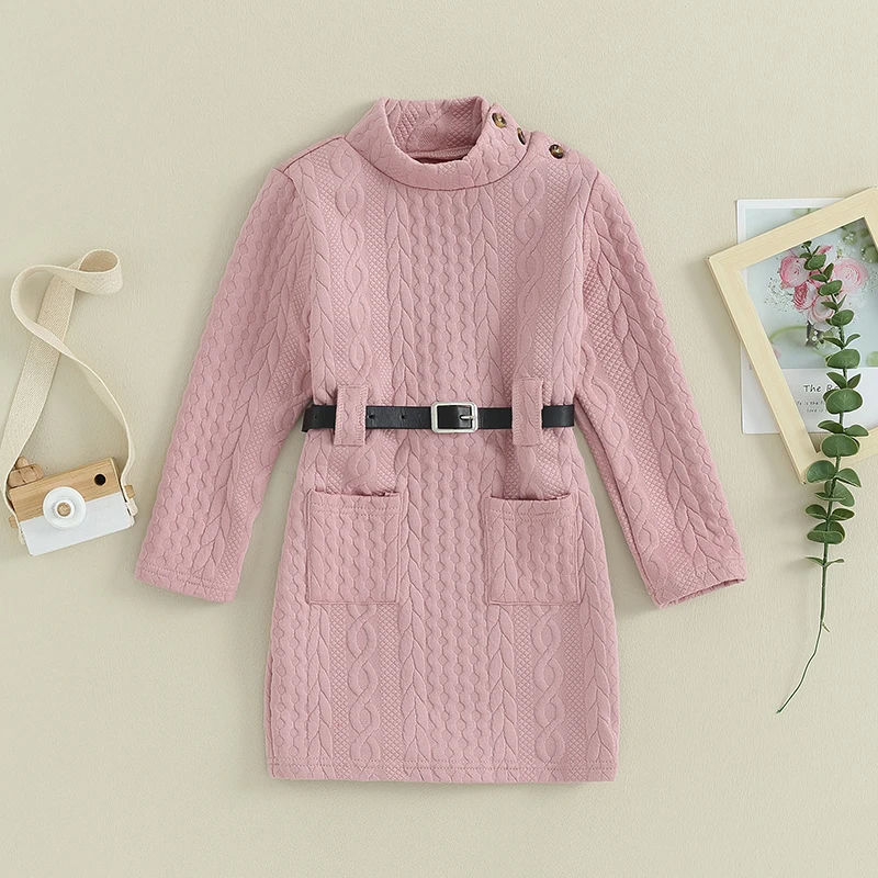 Kids-Girl-Cable-Knit-Dress-Solid-Color-Long-Sleeve-High-Neck-Button ...