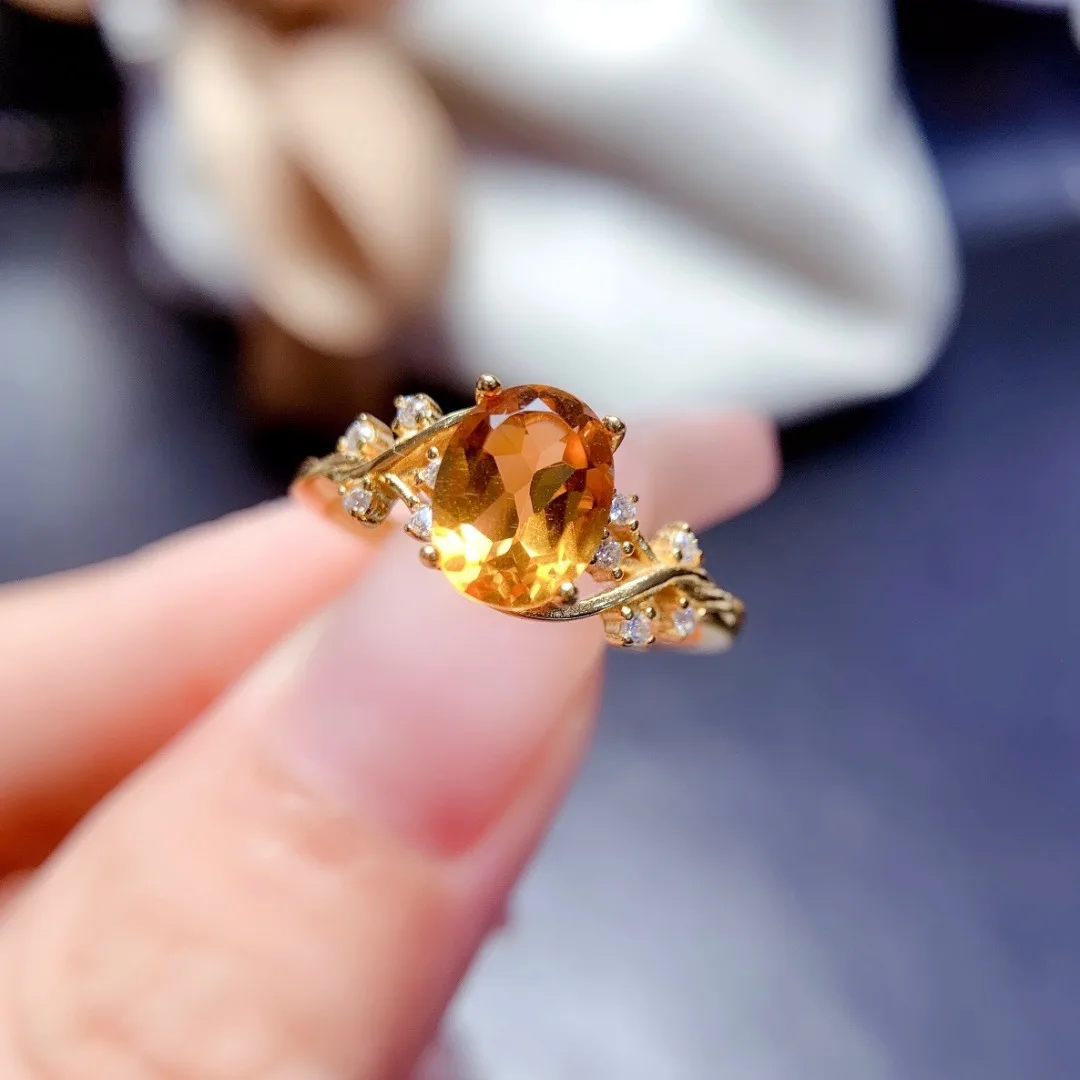 S925-Pure-Silver-Natural-Brazilian-Citrine-Ring-Women-s-Fashion-Simple ...