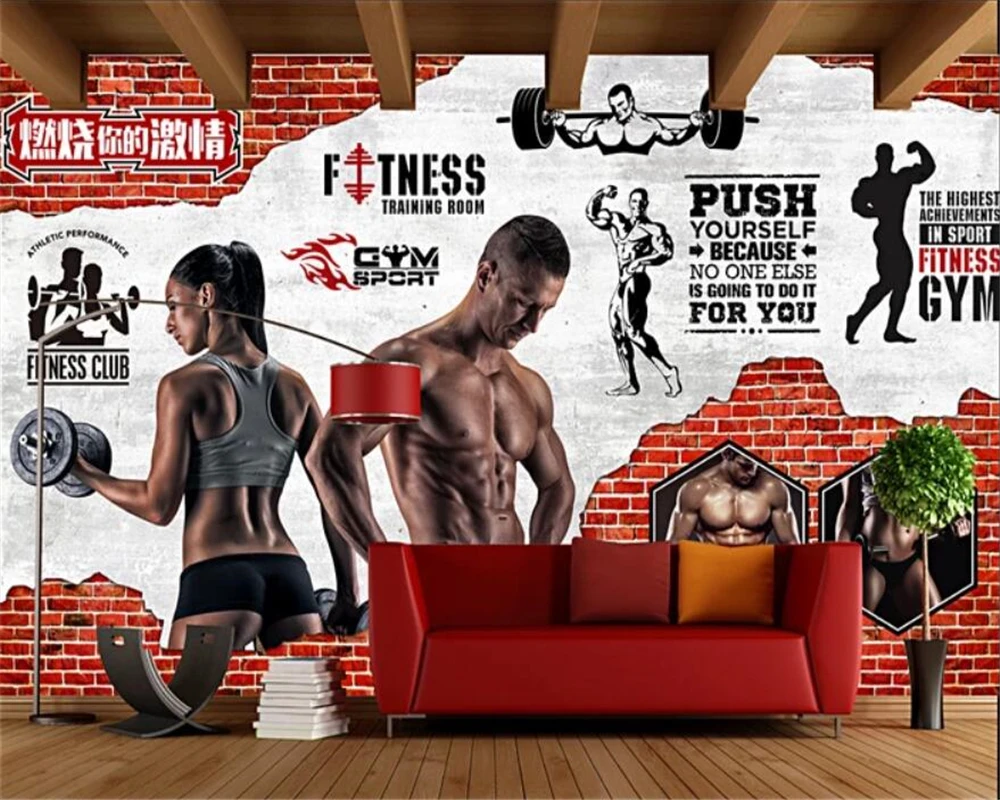 Custom-wallpaper-3d-mural-retro-brick-wall-muscles-exercise-fitness ...