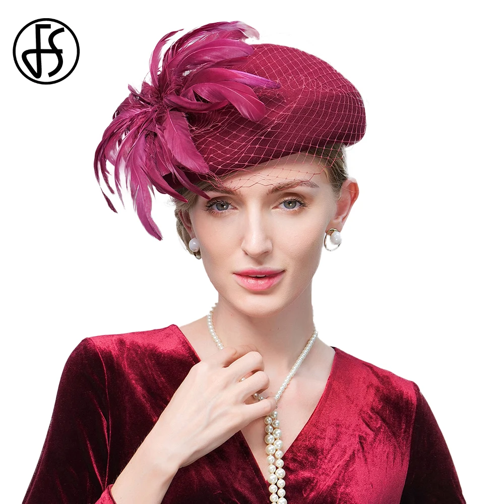 FS-Wine-Red-Wool-Beret-Wedding-Hats-For-Women-With-Feather-Gauze ...