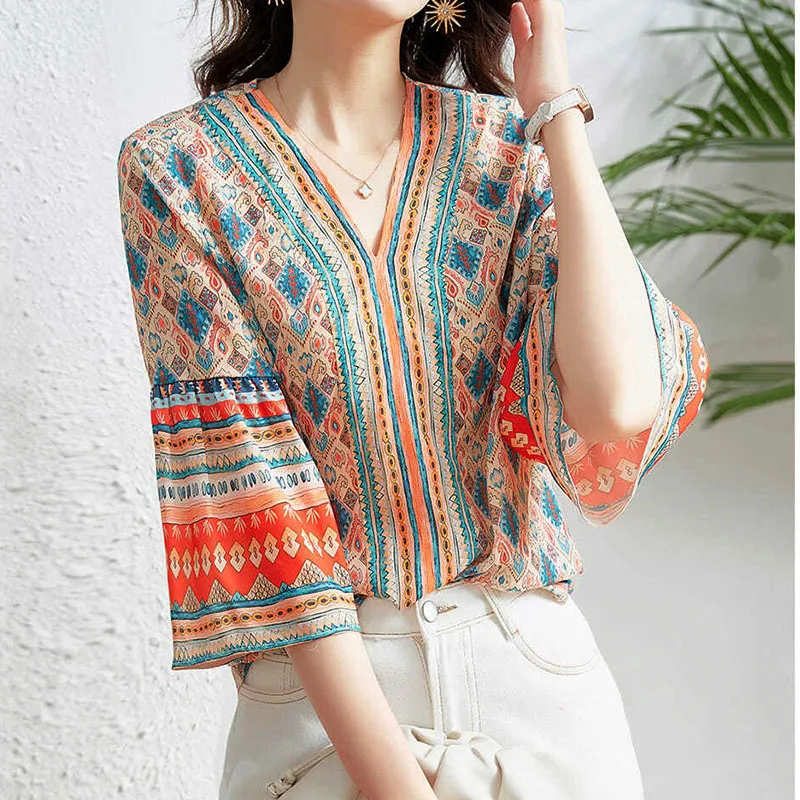 Vestido-de-mujer-con-cuello-en-V-manga-acampanada-estampado-suelto ...