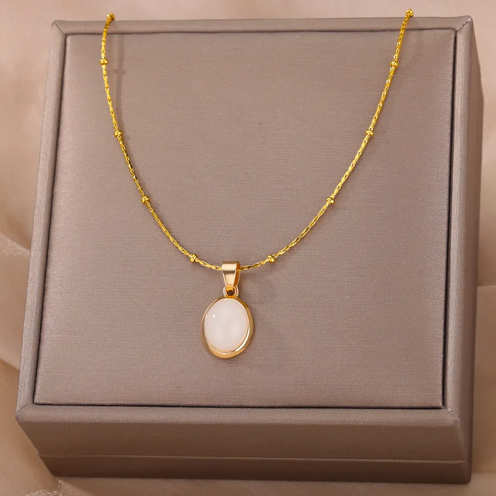 Fashion Stone Opal Oval Necklace For Women Stainless Steel Gold Color ...