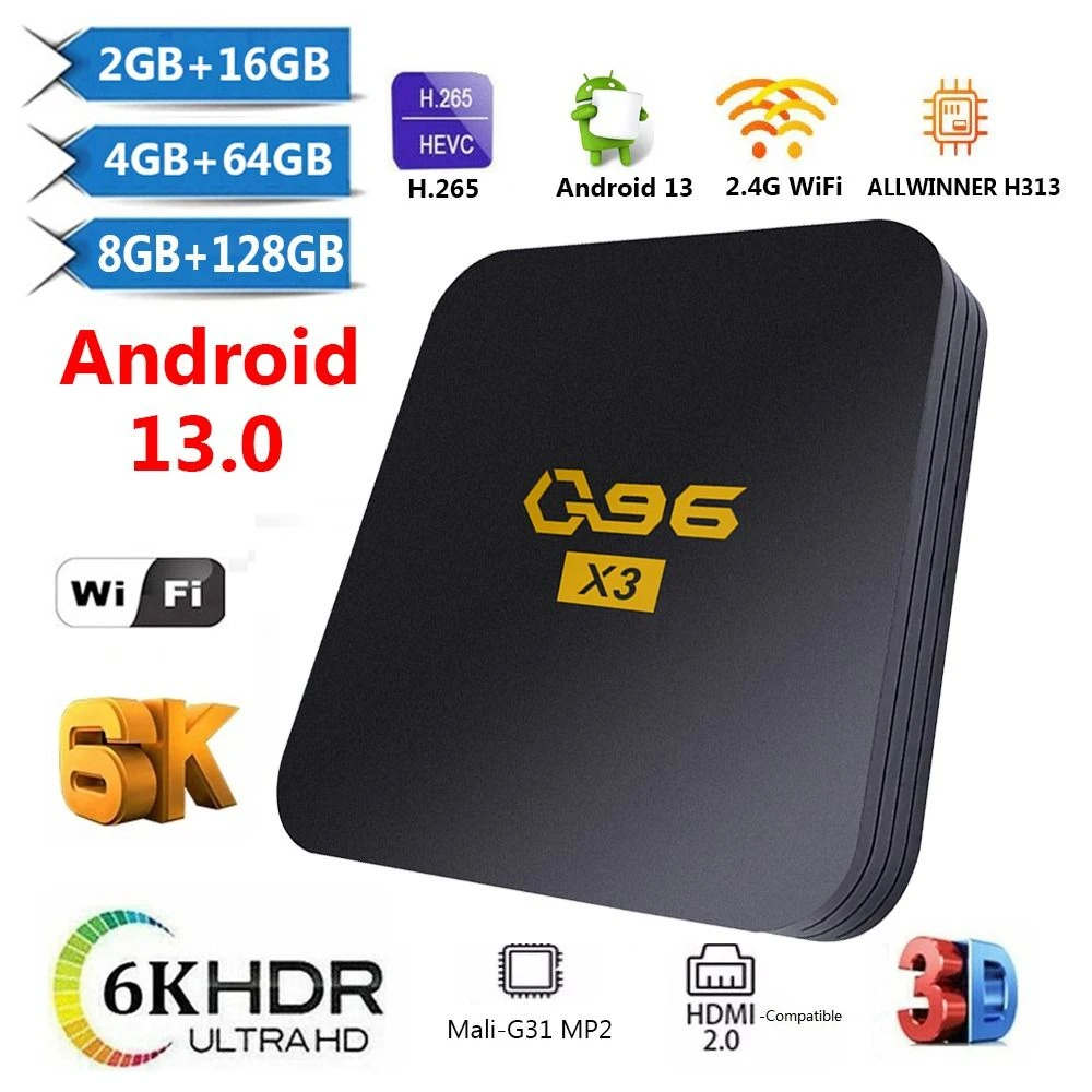 Q96 X3 Smart TV Box Android 13 Allwinner H313 Quad Core 6K HDR UHD 8GB 128GB 2.4G WIFI Media ...