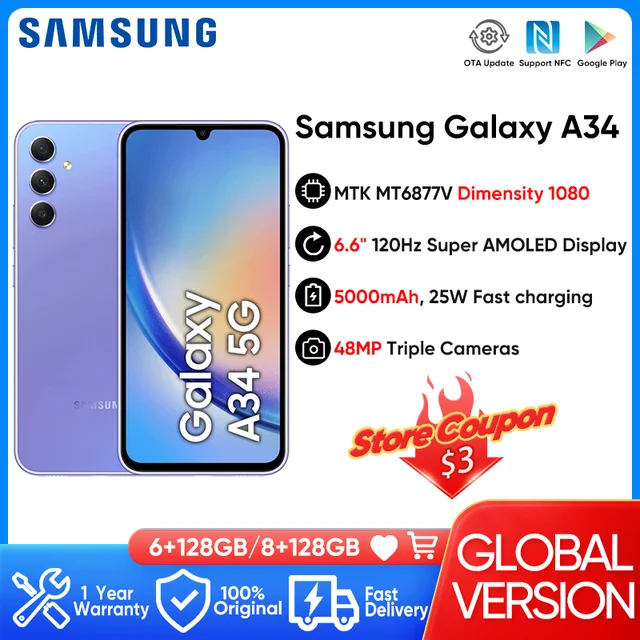 Original New Samsung Galaxy A34 5G Smartphone Android 13 MTK Dimensity ...