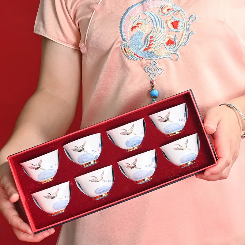 White-porcelain-enamel-crane-8-cups-combination-gift-box-set-festive ...