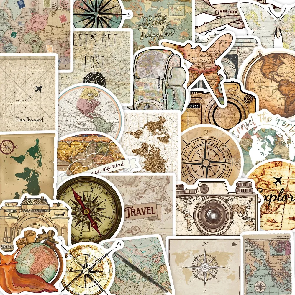 10/50Pcs Vintage World Map Travel Stickers Graffiti Camping Decals ...