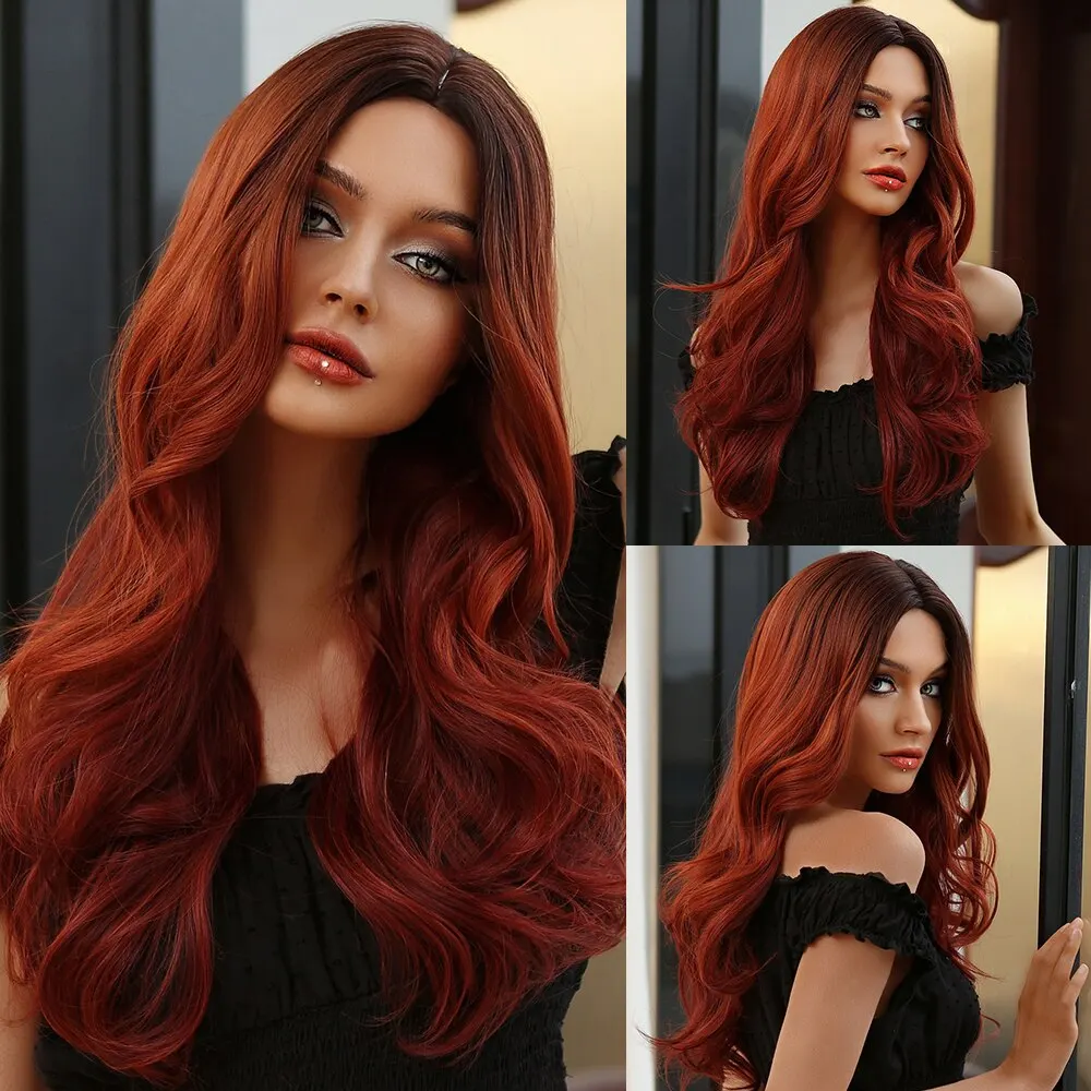 Long-Middle-Part-Wigs-for-Women-Dark-Roots-Red-Body-Wave-Daily-Wigs ...