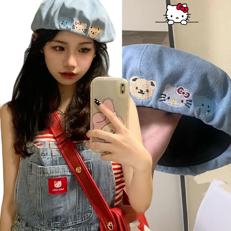Sanrio-Kawaii-Hello-Kitty-Beret-Student-Cartoon-Cute-denim-Painter-Hat-Face-Showing-Small-Ins ...