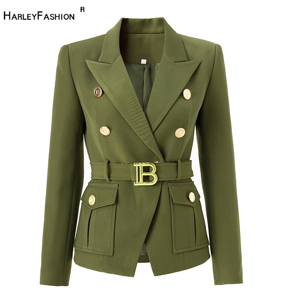 Spring Autumn Formal Work Lady Army Green Pockets Jackets with Metal ...