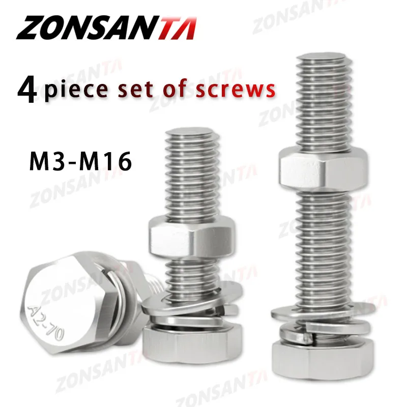 4-In1-Set-Full-Thread-304-Stainless-Steel-External-Hex-Hexagon-Screw ...