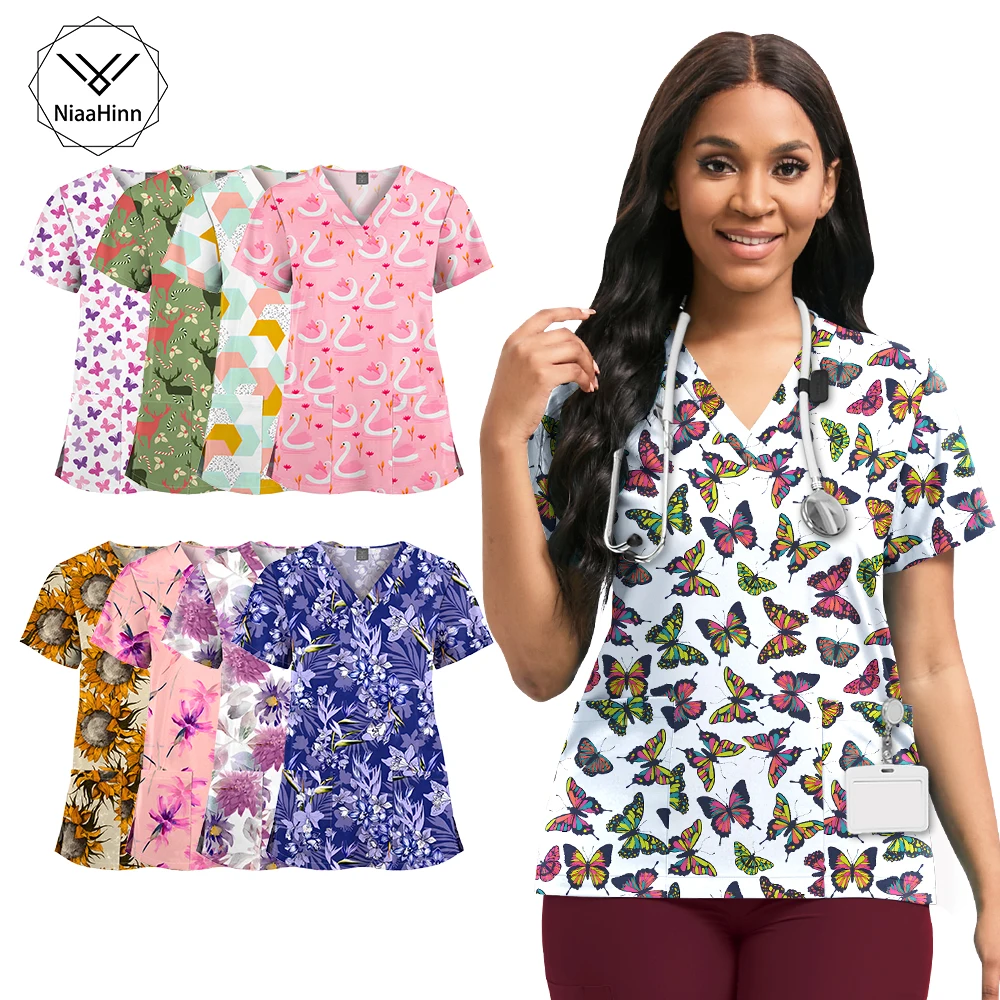 Fashion Print Nurse Top Shirt Short Sleeved Nursing Medical Uniforms ...