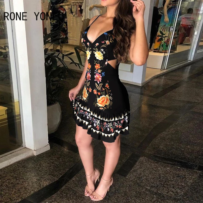 Women Sexy Elegant Spaghetti Strap Midriff All Over Print A Line Mini ...