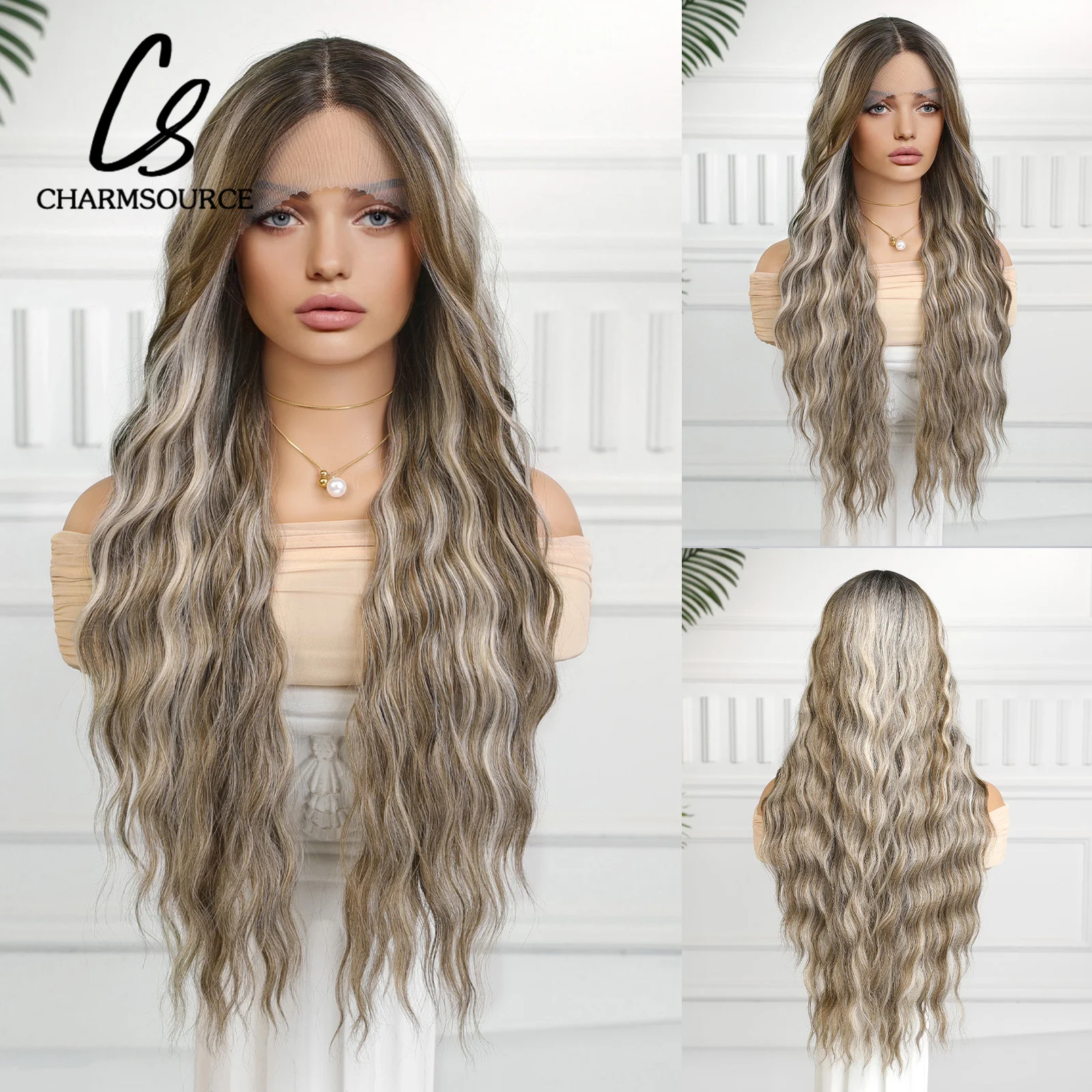 CharmSource-Lace-Front-Wigs-Brown-Ombre-Gray-Synthetic-Long-Curly-Wigs ...