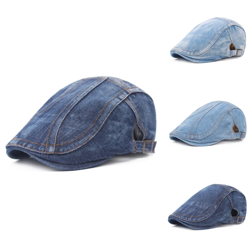 Simple-Washed-Denim-Berets-Hat-Men-Women-Spring-Summer-Peaked-Flat-Cap ...