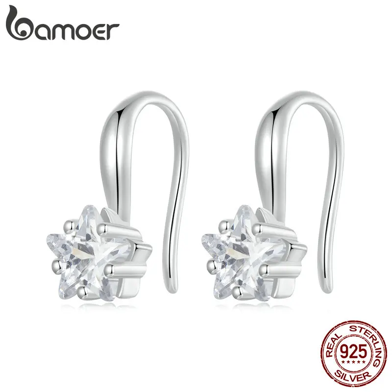BAMOER-Authentic-925-Sterling-Silver-Shiny-Star-Ear-Hooks-White-Gold ...