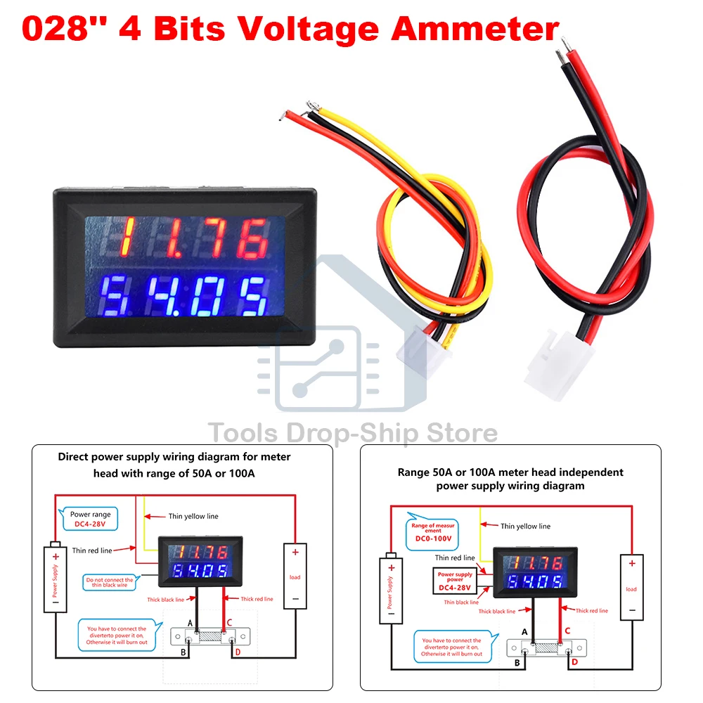 DC100V/200V 50A/100A LED Digital Voltmeter Ammeter 4 Bits 0.28‘’Dual ...