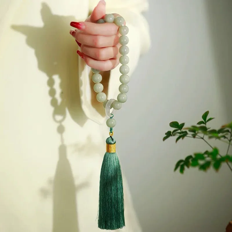 Green-Jade-Stone-12mm-Beads-Tassel-Bracelet-Necklace-Tibetan-Buddhist ...