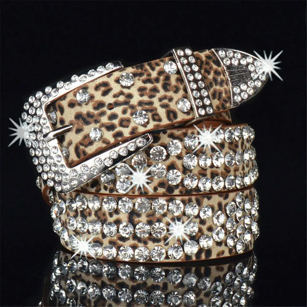 Women-Fashion-Solid-Leopard-Print-Studded-Rhinestone-Belt-PU-Leather ...
