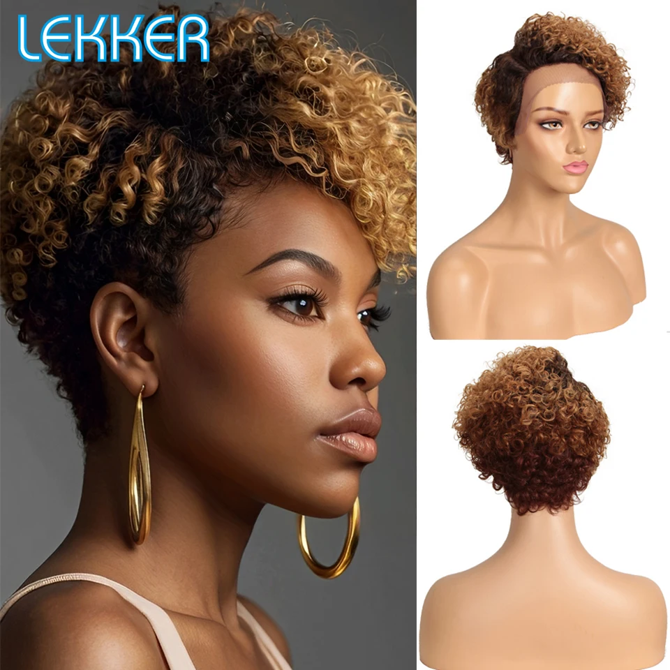 Lekker Short Pixie Cut Kinky Curly Bob 13x1 Lace Front 100% Human Hair ...