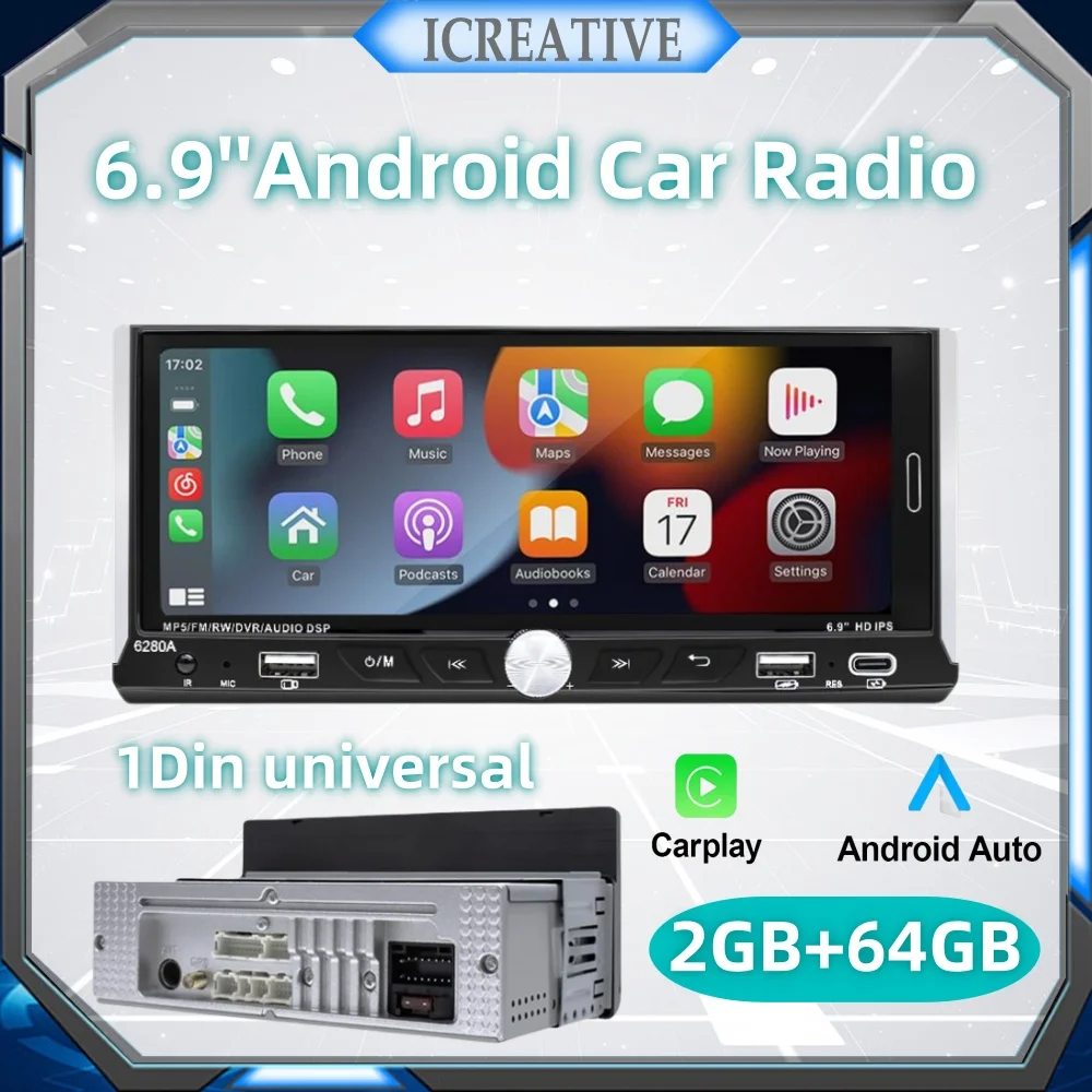 Universal-1Din-Car-Radio-6-9-Touch-Screen-Wireless-Carplay-Android-Auto ...