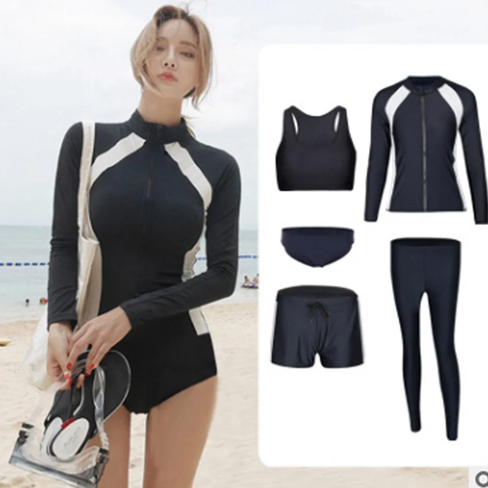 Long Sleeve Rash Guard Women Solid One Piece Swimsuit Zipper Swimwear 5 ...