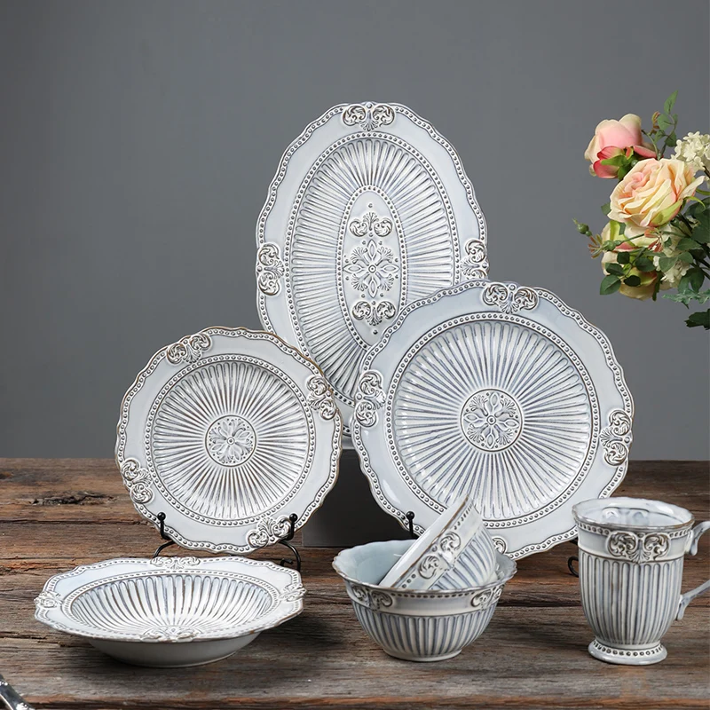 Baroque-Vintage-Plates-Dinnerware-Embossed-Pattern-Plate-Sets-Tableware ...