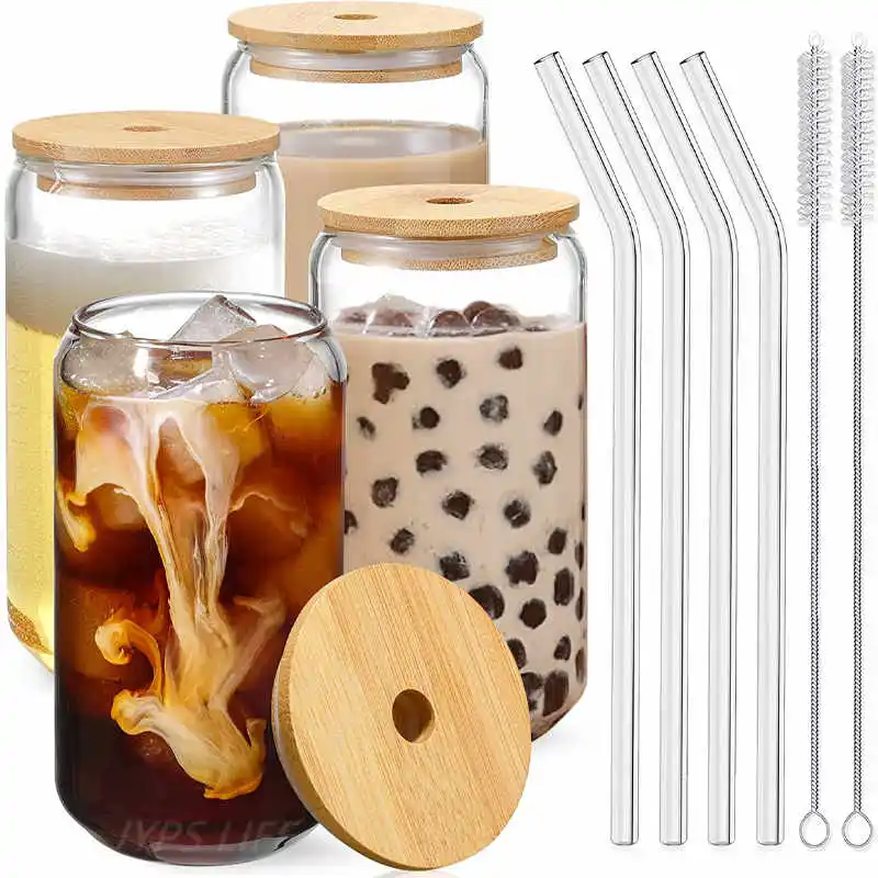 Glass Can Cup With Straw Coffee Mug Straw Glass Cup With Bamboo Lid ...