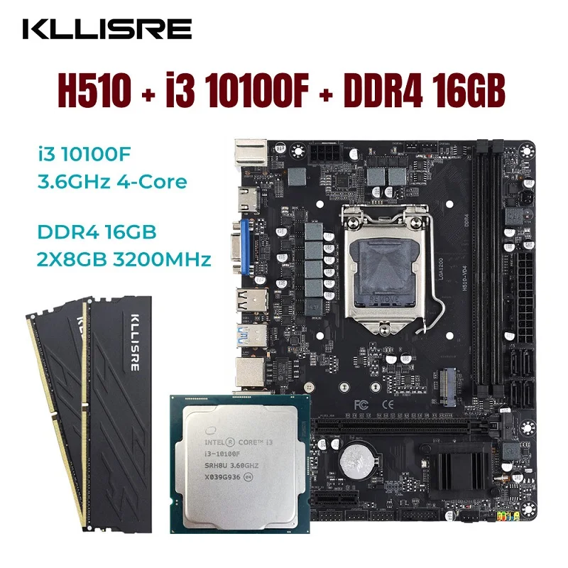 Kllisre-Kit de placa base H510, Intel Core i3 10100F, 2x8GB = 16GB de memoria DDR4 3200, RAM de ...