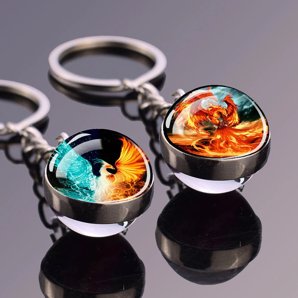 Fire-Phoenix-Glass-Ball-Keychains-Double-Sided-Car-Key-Chain-Wooden ...