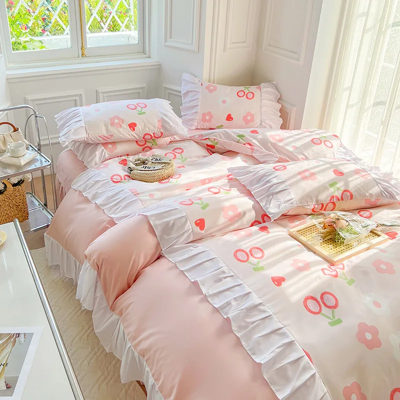 Romantic Pink Princess Style Lotus Leaf Lace Bedding Set Floral Duvet ...
