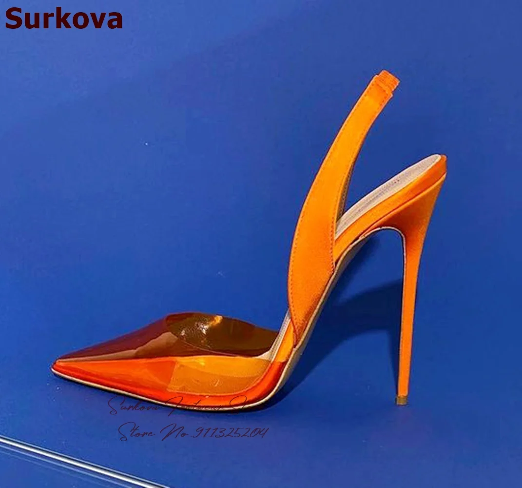 Surkova Orange Green Transparent PVC High Heel Shoes Elegant Satin ...