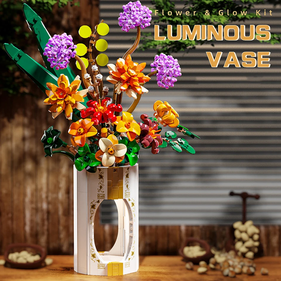 Romantic Rose Bouquet Luminous Vase Building Blocks Eternal Flower ...