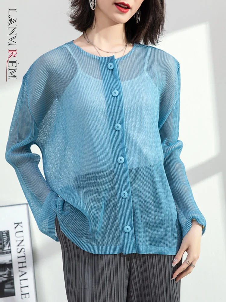 LANMREM Pleated Mesh Translucent Shirts Women Soild Color Single ...
