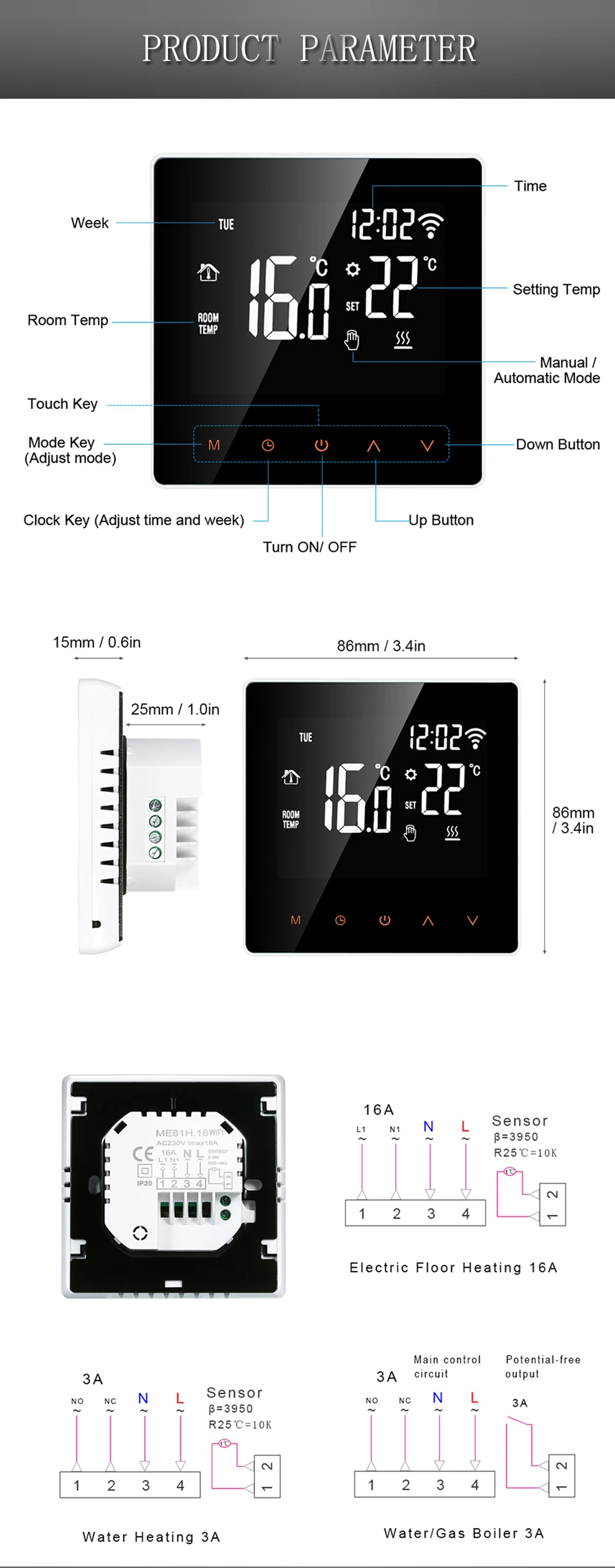Thermostat Régulateur,Thermostat intelligent WiFi WT81 Tuya,chaudière à eau-gaz électrique ...
